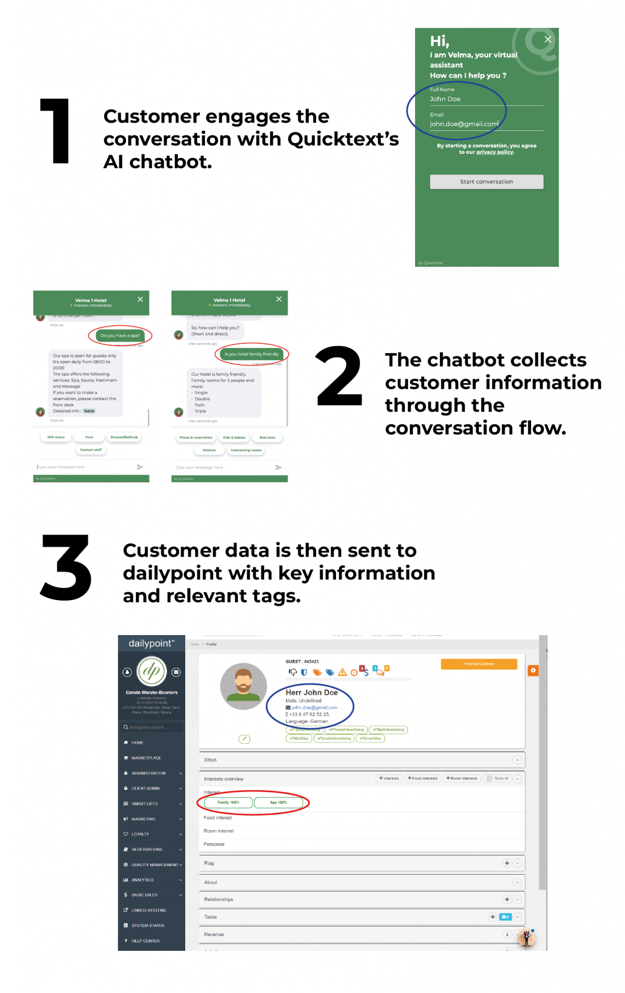 Quicktext hotel chatbot talks to dailypoint CRM | Quicktext